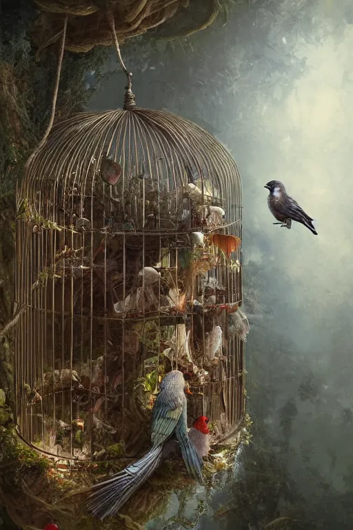 Man locked in a bird cage, 4k detailed hyperrealistic | Stable Diffusion