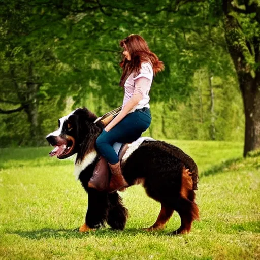 girl riding giant Bernese Mountain Dog in the park, | Stable Diffusion