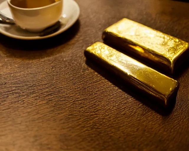 a solid gold bar on a cafe table on a sunny day, f / | Stable Diffusion ...