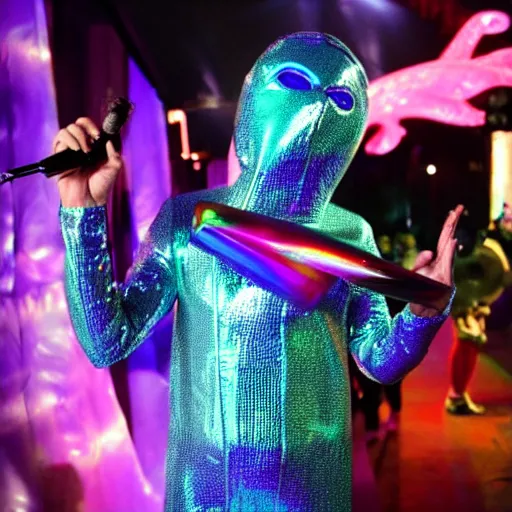 a singer wearing an iridescent alien costume, holding | Stable Diffusion
