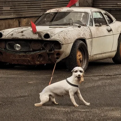 Dog driving a sports car, race suit, flames, machine | Stable Diffusion ...