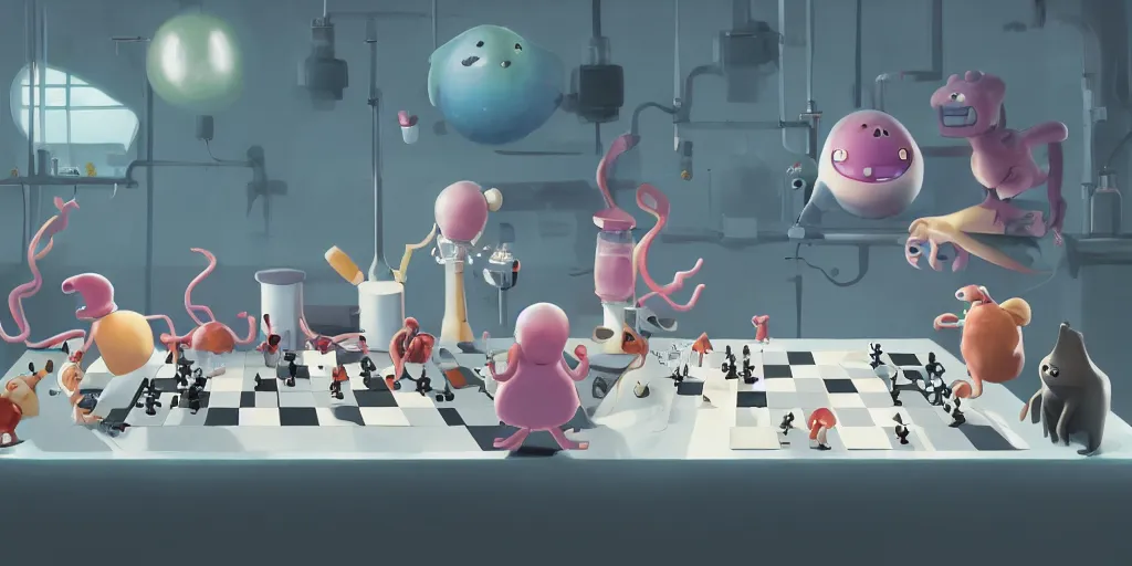 kawaii cartoon monsters playing chess in a laboratory | Stable ...