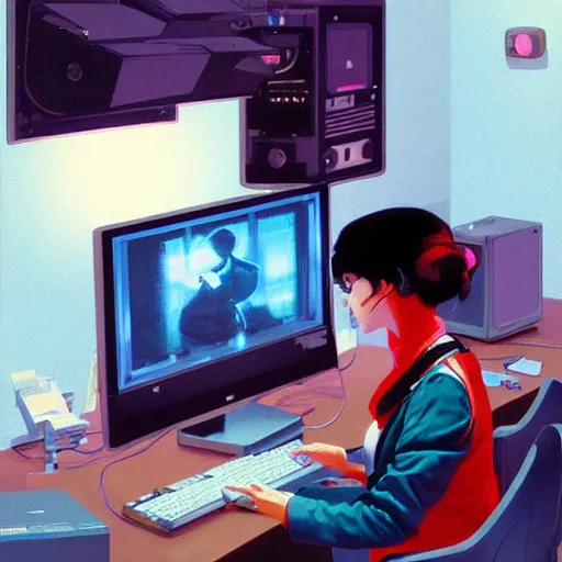 hacker girl bows to a computer in the 1 9 8 0 s, | Stable Diffusion ...