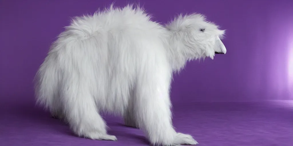 a photo of white fur monster standing in a purple room | Stable Diffusion