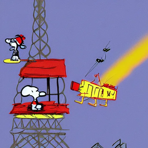 snoopy crashing his doghouse into the eiffel tower | Stable Diffusion ...