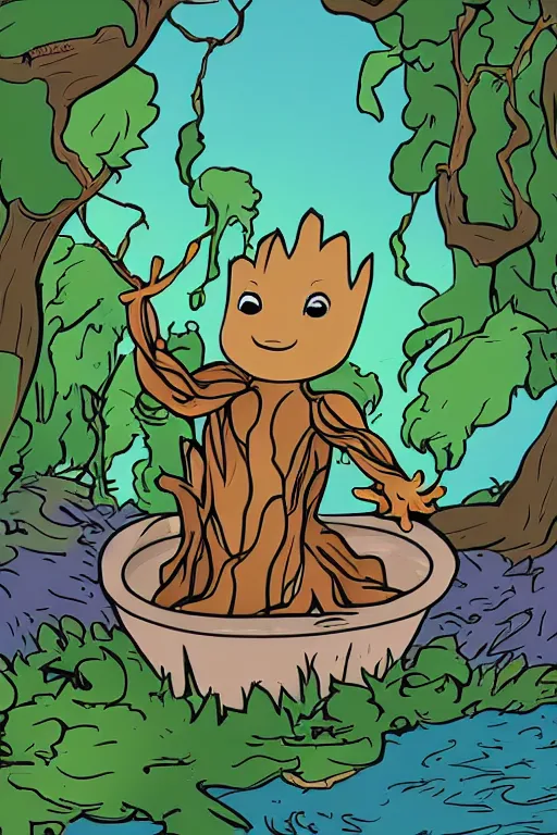 poster showing little cute Groot takes a bath in the | Stable Diffusion