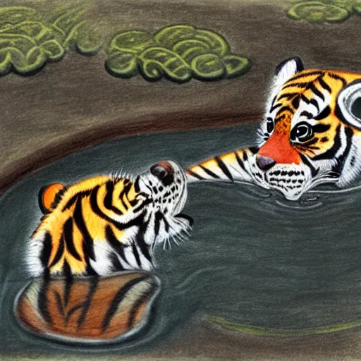 drawing of a tiger cubs in a pond of black oil, | Stable Diffusion ...