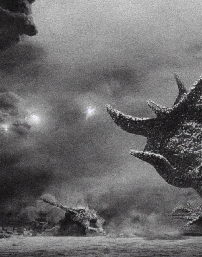 a filmstill of a north korean monster movie, kaiju - | Stable Diffusion