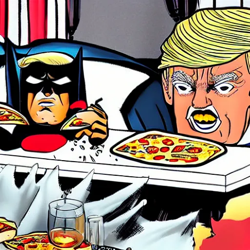 Batman eating pizza, with Donald Trump, photograph | Stable Diffusion ...