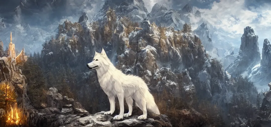 Magic white spirit wolf watches from a cliff the Snowy | Stable ...