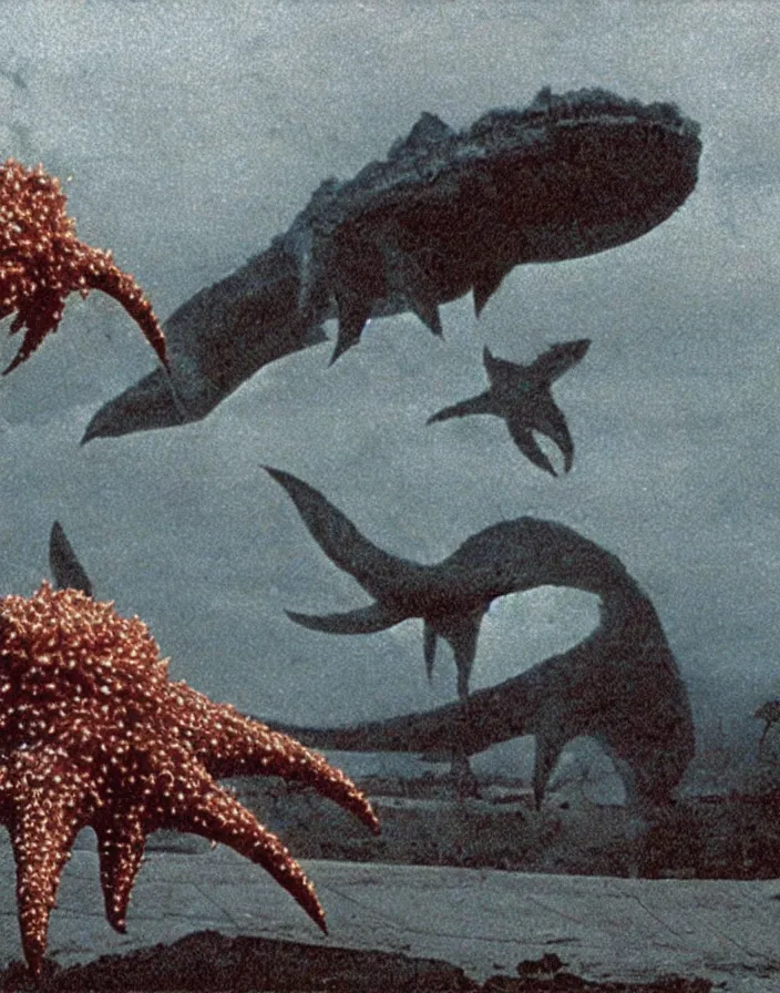 a filmstill of a north korean monster movie, kaiju - | Stable Diffusion