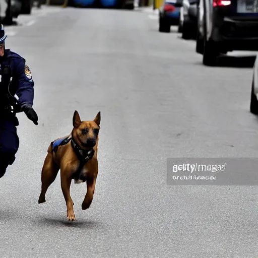 a dog wearing a policeman uniform, chasing a robber | Stable Diffusion
