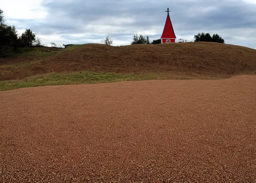 red sky gravel ground church on top of a hill, | Stable Diffusion | OpenArt