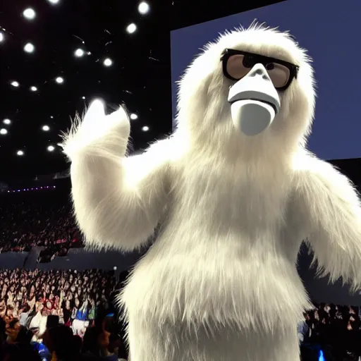 a yeti presenting on stage at an apple keynote event | Stable Diffusion