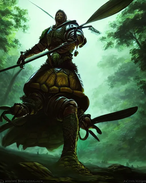 Turtle Warrior holding huge shield, forest background, | Stable Diffusion