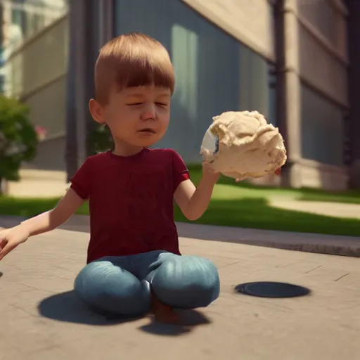 little boy crying about a dropped icecream, unreal | Stable Diffusion ...