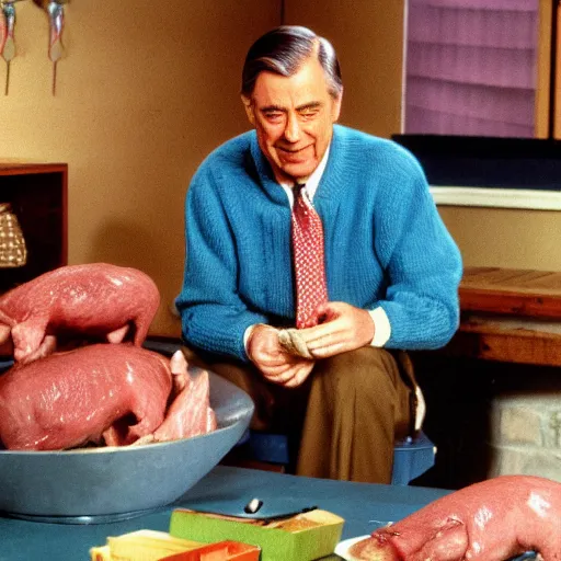mr. rogers feeding raw meat to swine | Stable Diffusion | OpenArt