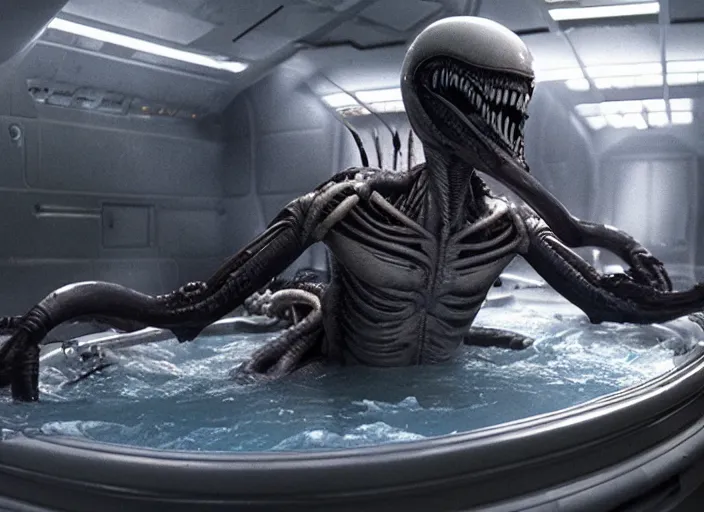 film still of alien!! xenomorph!! relaxing in a hot | Stable Diffusion