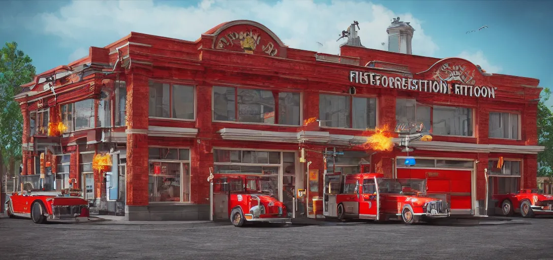 retro fire station concept art, colorful, 8 k | Stable Diffusion