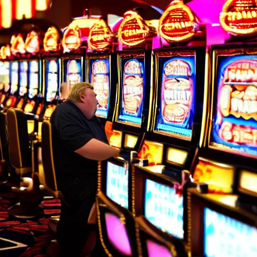 fat blonde man crying while losing money on a slot | Stable Diffusion