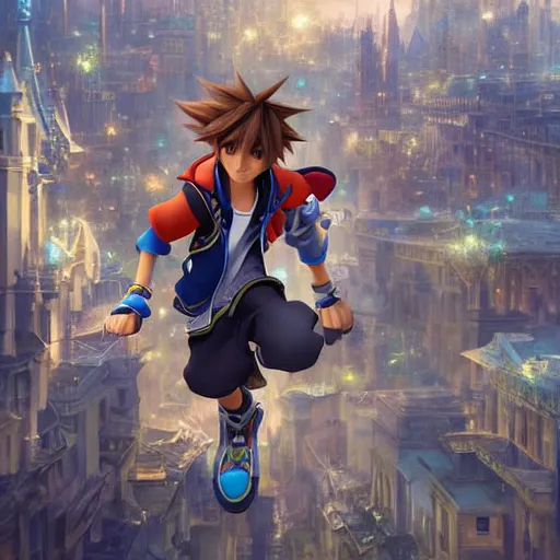 sora from kingdom hearts flying through a city, | Stable Diffusion ...