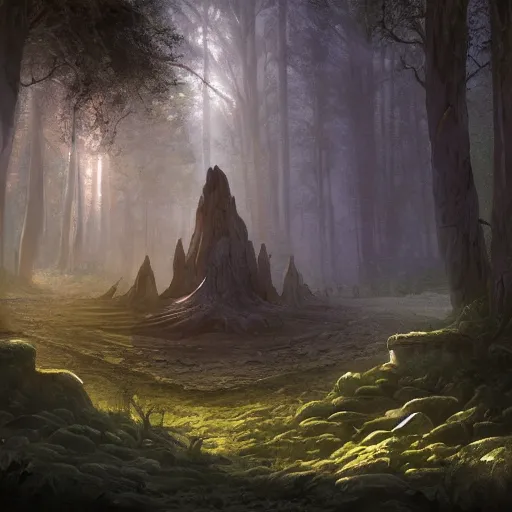 a painting of a alien altar in the middle of a forest, | Stable ...