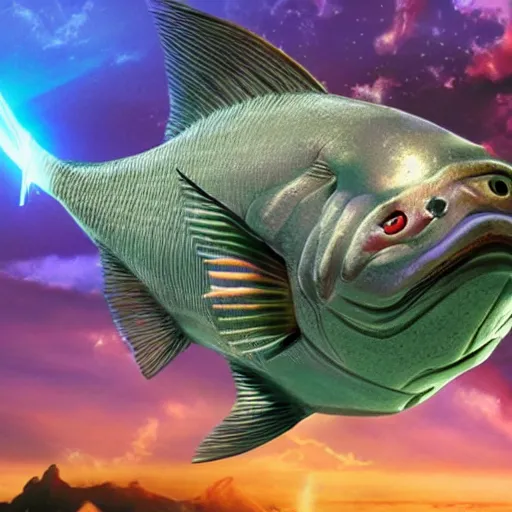 a humanoid fish creature attacking civilization with a | Stable ...