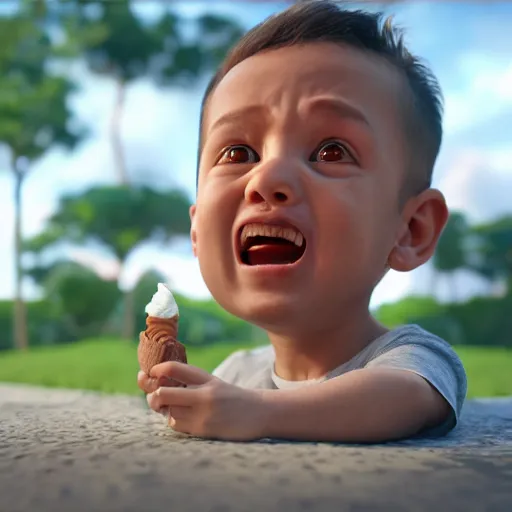 little boy crying about a dropped icecream, unreal | Stable Diffusion ...
