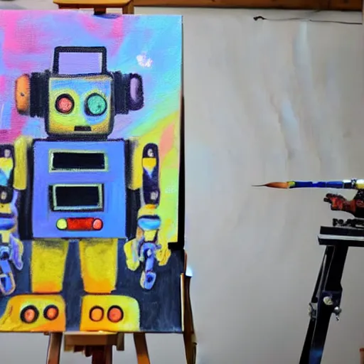 a robot painting a picture, it looks at the camera, | Stable Diffusion ...