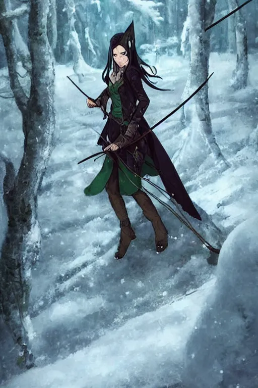 A female elven hunter holding a bow standing in the | Stable Diffusion ...