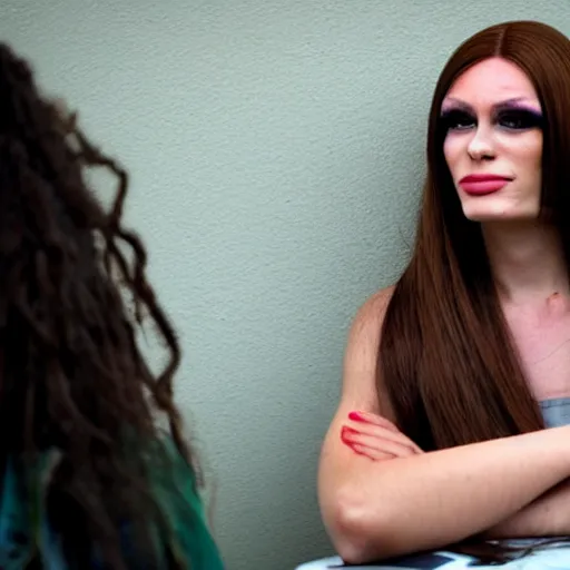 a transgender woman with long brown hair sits near a | Stable Diffusion