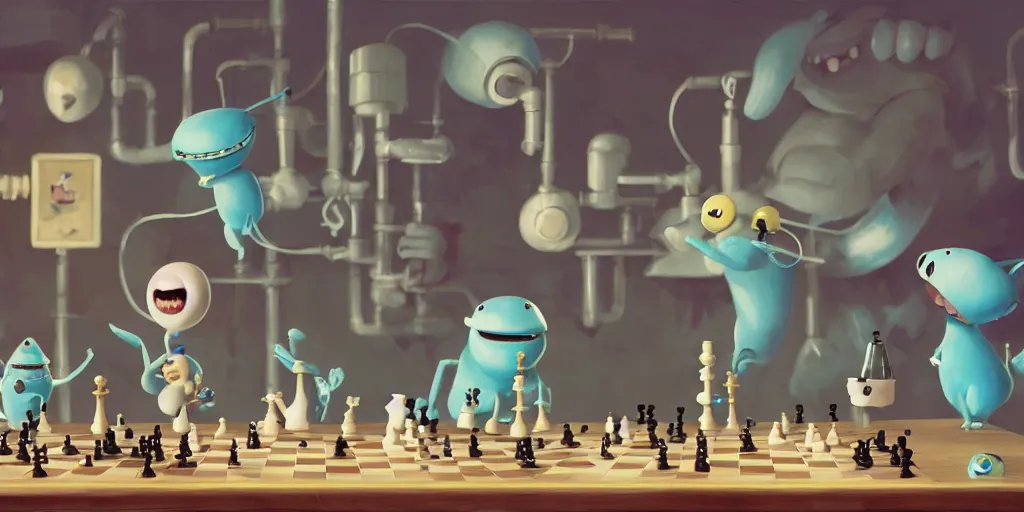 kawaii cartoon monsters playing chess in a laboratory | Stable ...