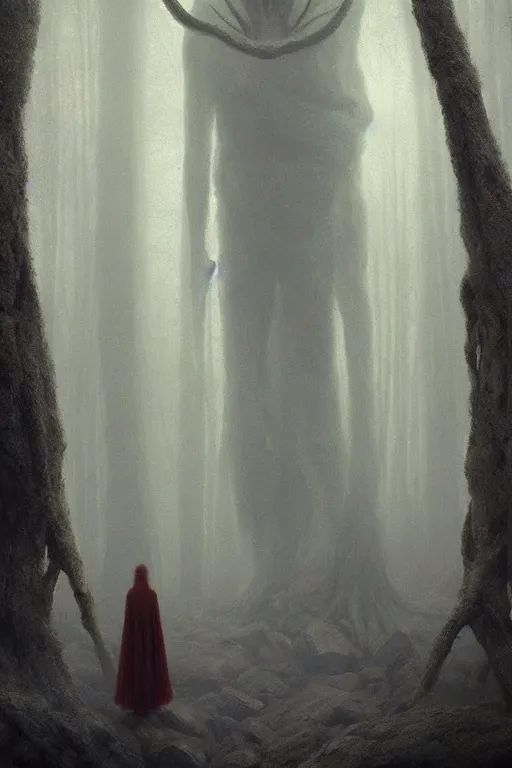 tall humanoid beast looming over a tiny human in a | Stable Diffusion ...