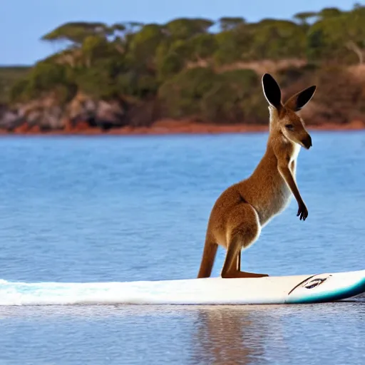 photo of a kangaroo standing on a surfing board. | Stable Diffusion