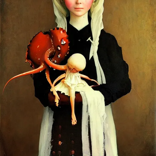 The Plain Doll from Bloodborne holding a squid, oil on | Stable Diffusion