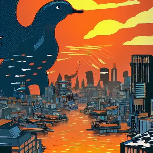 a giant duck destroying a city in the style of godzilla | Stable Diffusion