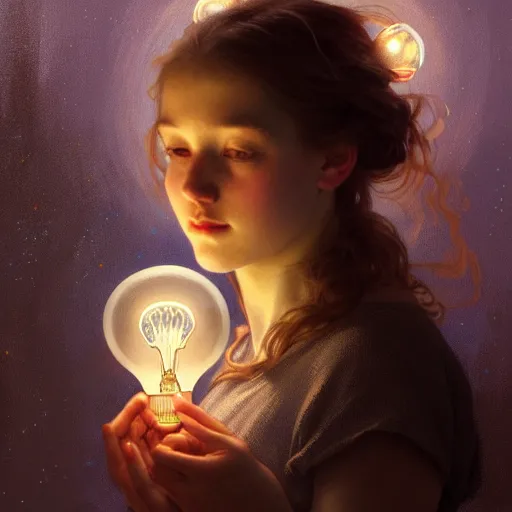 Portrait of a girl surrounded by a light bulb in front | Stable Diffusion