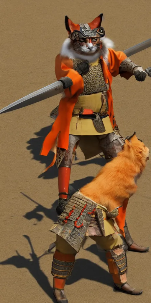 a veteran samurai orange cat in western gear with a | Stable Diffusion