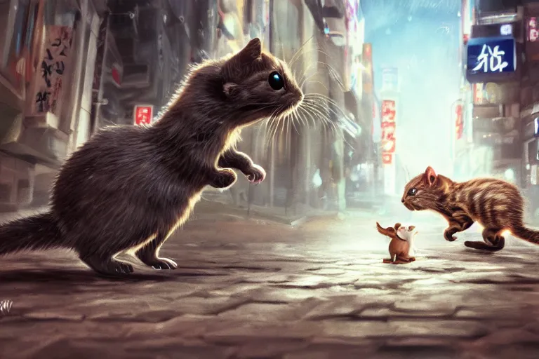 a giant rat chasing a very small kitten in the middle | Stable Diffusion | OpenArt