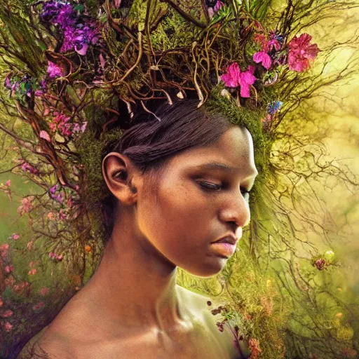 beautiful portrait of a magical forest dryad, flowers | Stable ...