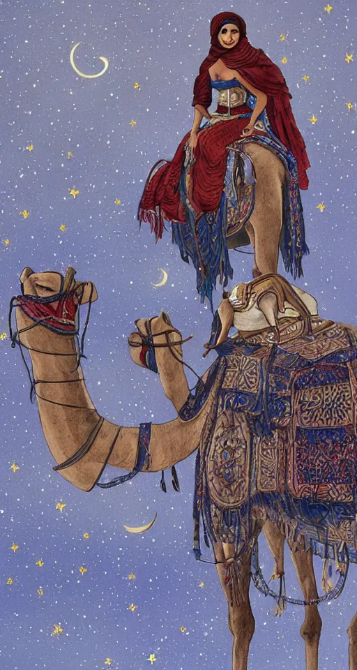 an arabian merchant rides her camel in the desert at | Stable Diffusion ...