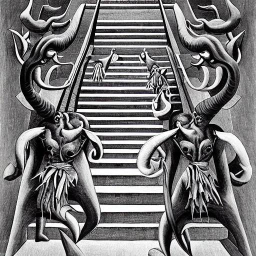 a fantasy painting of three demons walking up stairs | Stable Diffusion ...