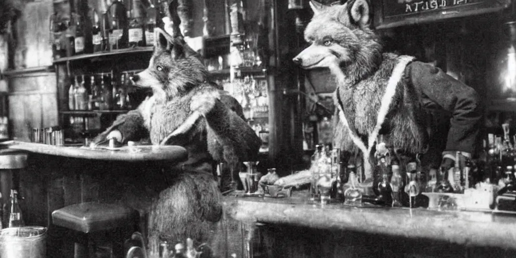 anthropomorphic furry wolf in a bar, 1900s picture | Stable Diffusion ...