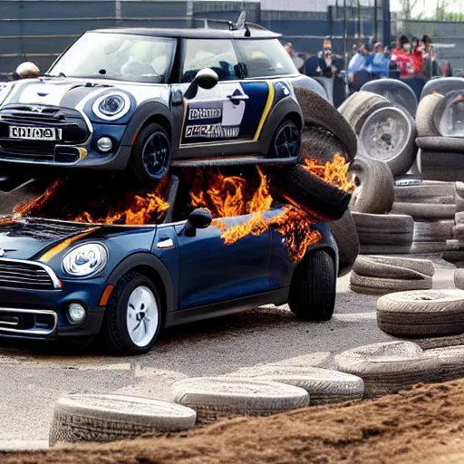 a mini cooper doing a ramp over a flaming pit of tires | Stable ...