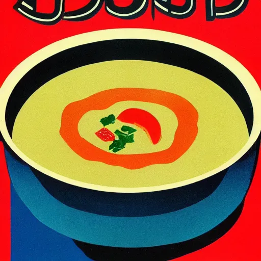 a propaganda poster of a bowl of soup, Soviet-era, | Stable Diffusion