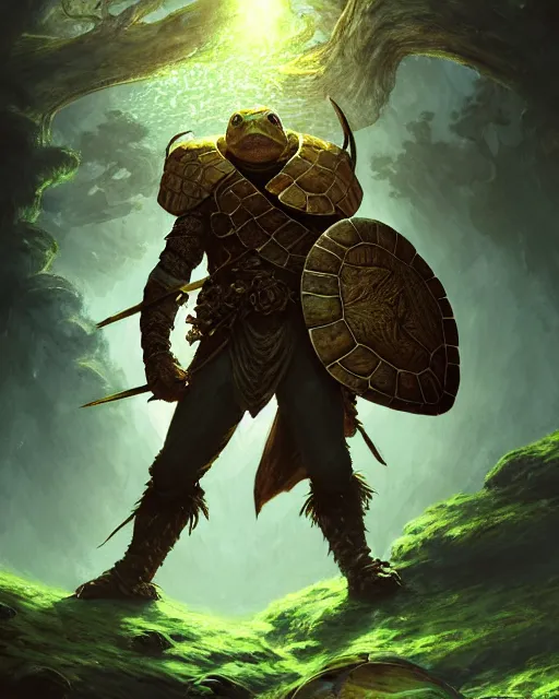 Turtle Warrior holding huge shield, forest background, | Stable Diffusion