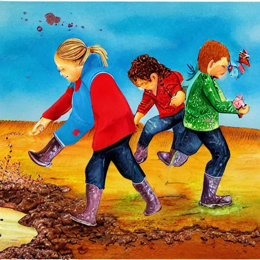 boot splashing in the mud, children's book | Stable Diffusion | OpenArt