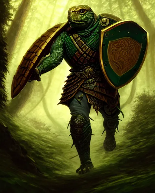 Turtle Warrior holding huge shield, forest background, | Stable Diffusion