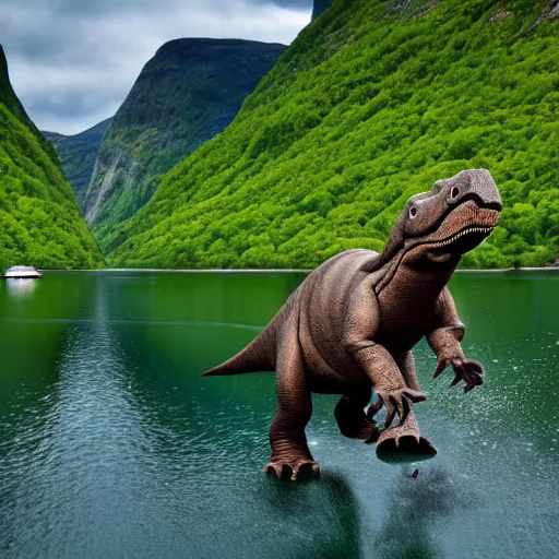 dinosaur running through the fjords of norway | Stable Diffusion | OpenArt
