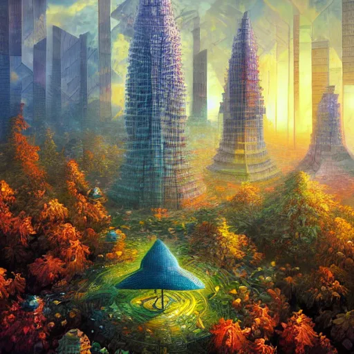 overgrown geometric mushroom skyscrapers autumn, | Stable Diffusion ...